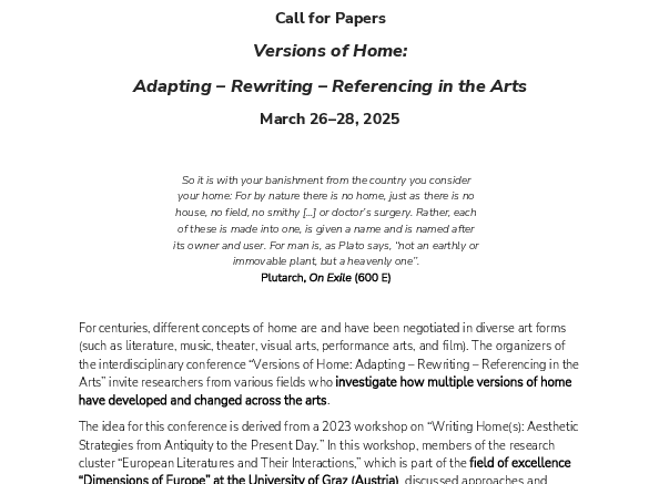 Call for Papers Versions of Home: Adapting – Rewriting – Referencing in ...